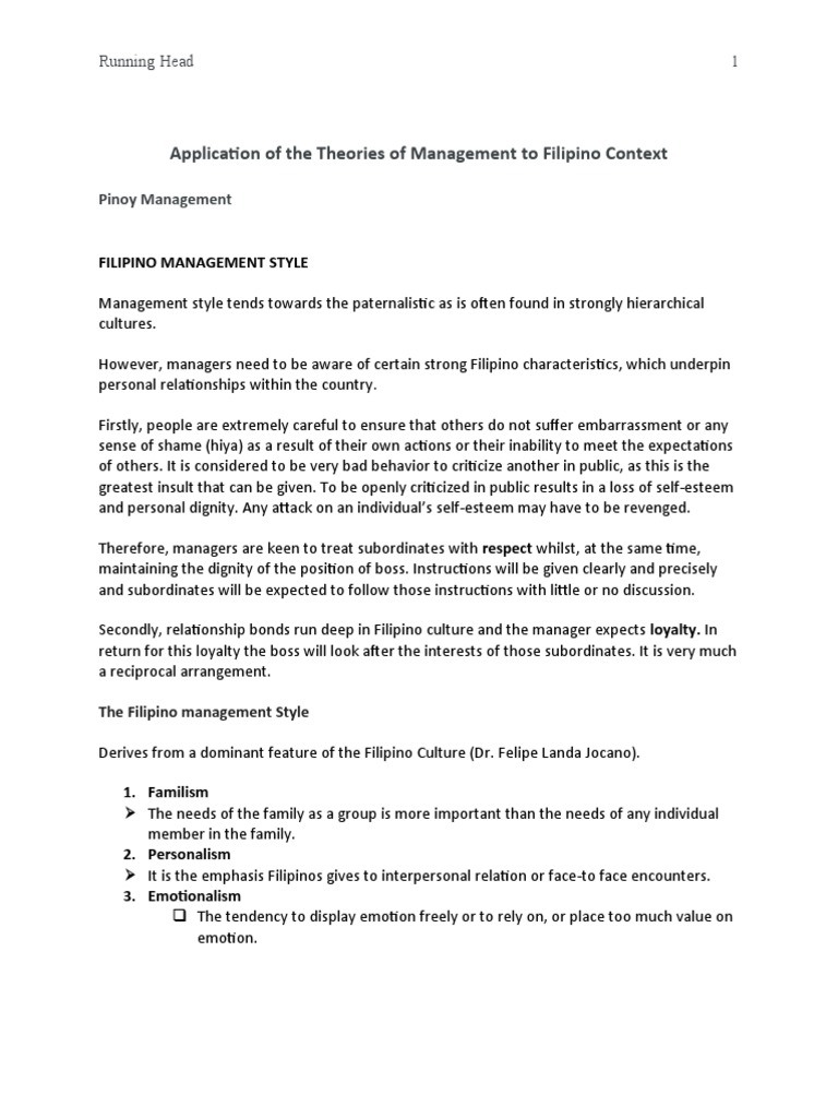 Application of The Theories of Management To Filipino Cntext | PDF ...