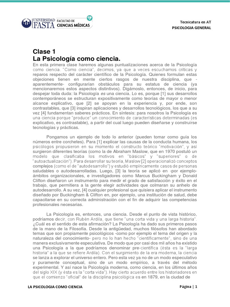 La Psicologia Como Ciencia. Clase 1. Unidad 1 PDF | PDF | Sicología | Science