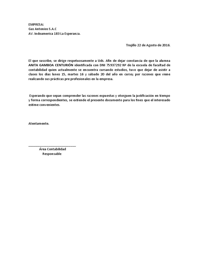 Carta de Justificacion | PDF