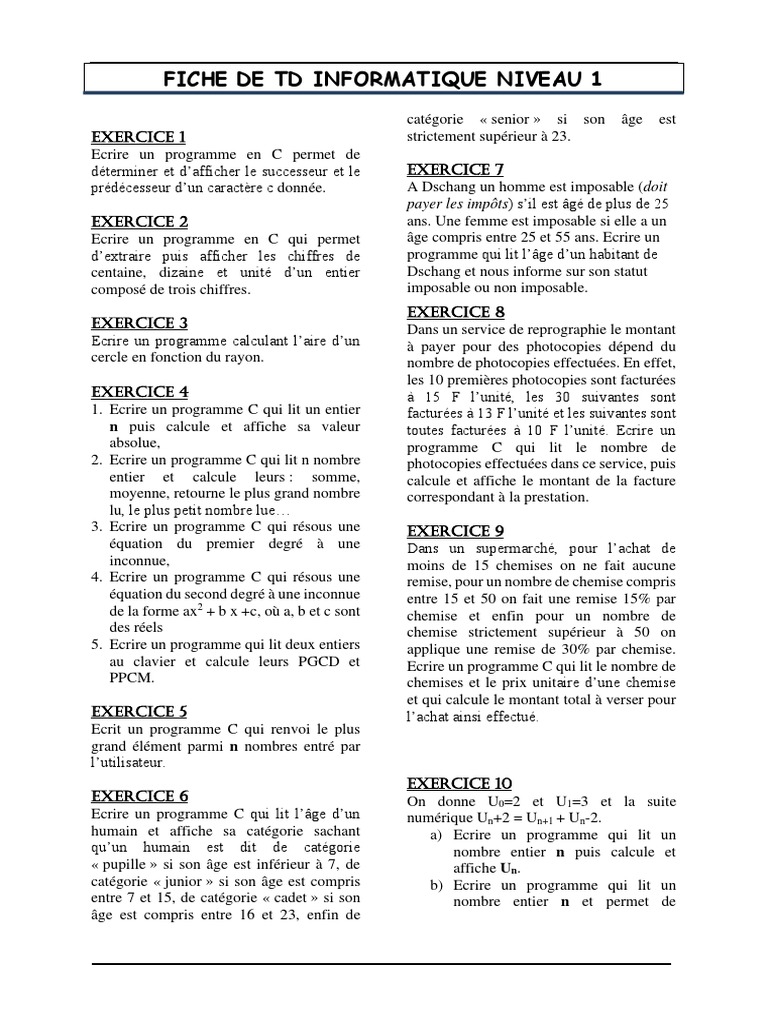 Fiche de TD - TP - C | PDF | Nombre | Entier naturel
