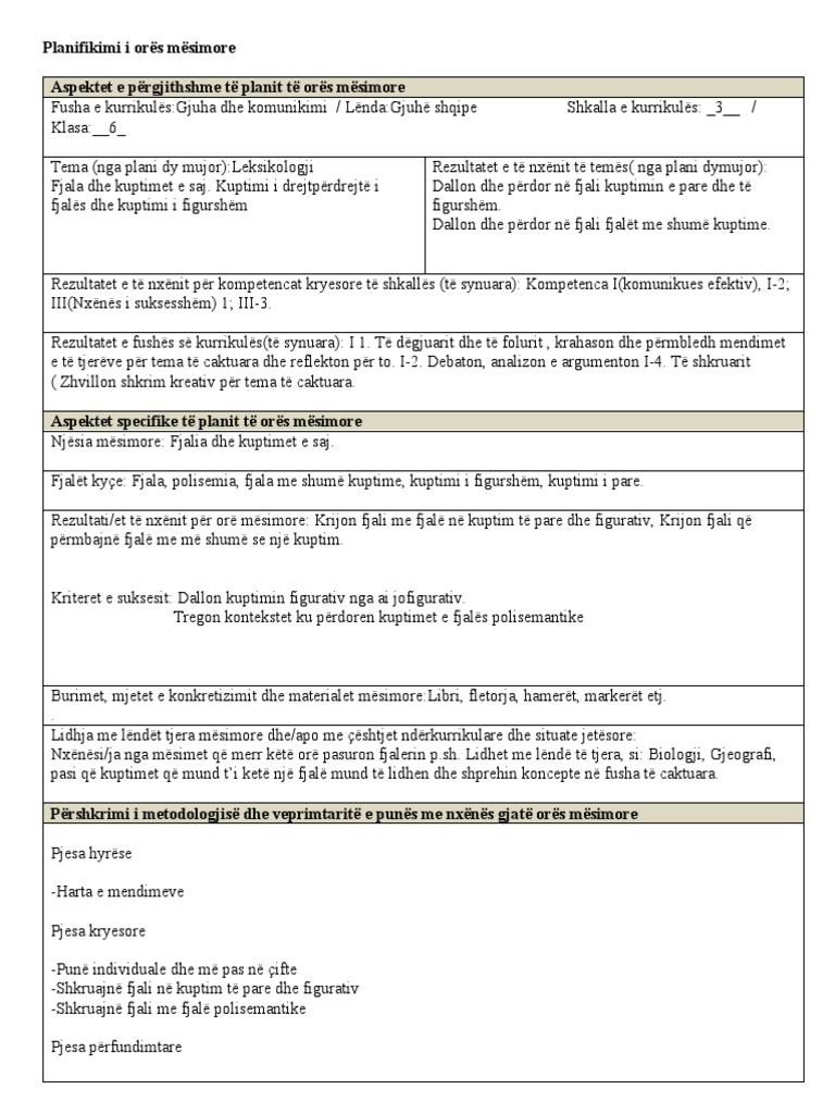 Planifikimi I Ores Mesimore Model | PDF