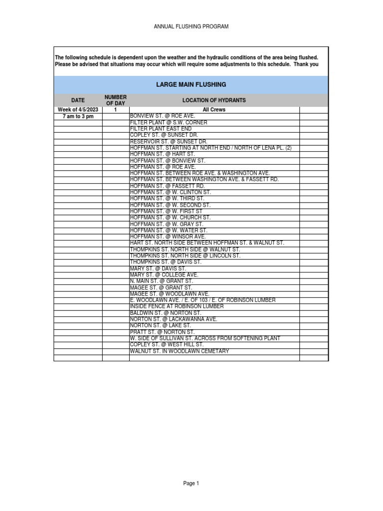 Elmira Hydrant Flushing Schedule Spring 2023 | PDF