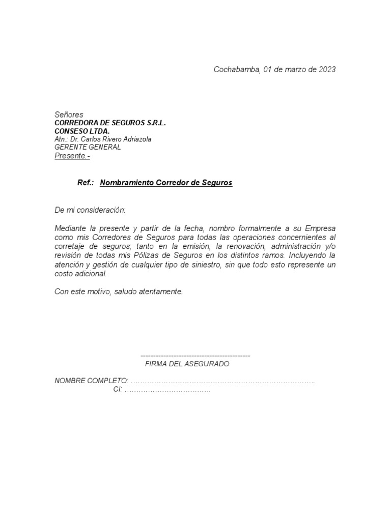 Carta de Nombramiento Corredor de Seguros | PDF