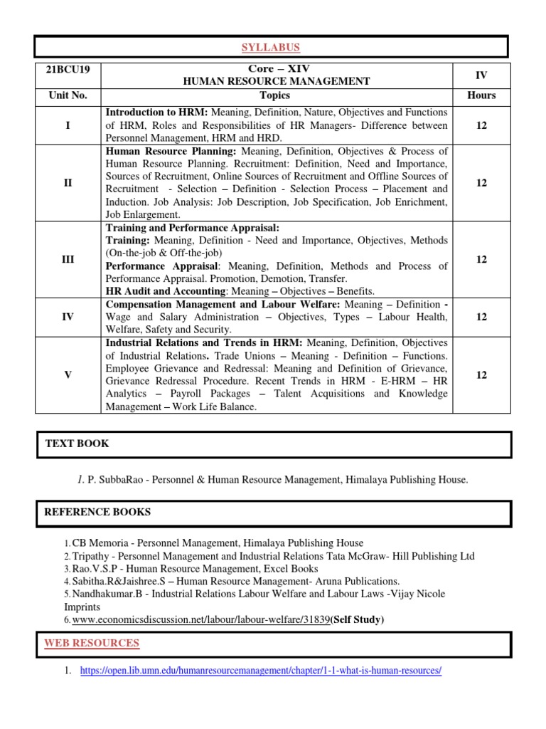 HRM Syllabus - 21bcu19 | PDF | Human Resource Management ...