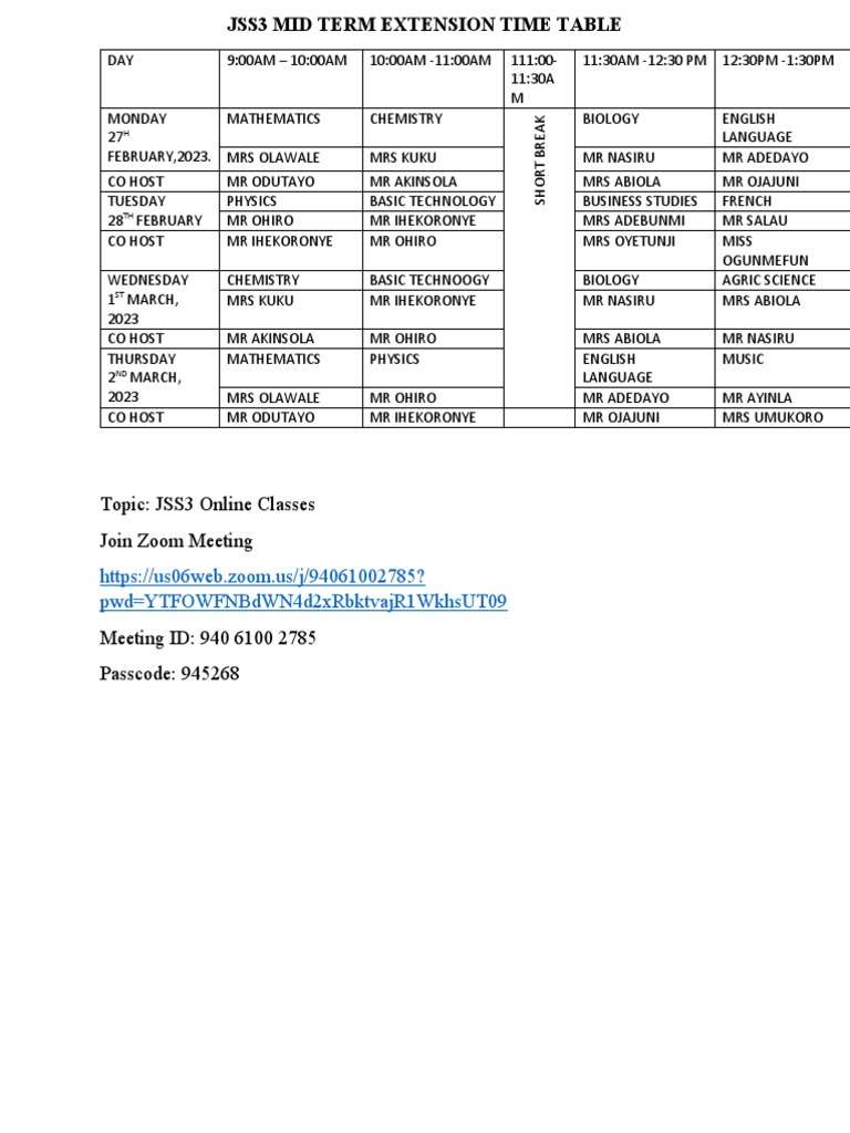 JSS3 Mid-Term Extension Time Table | PDF
