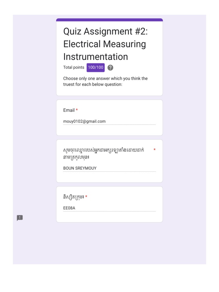 Quiz Assignment #2 - Electrical Measuring Instrumentation PDF | PDF ...