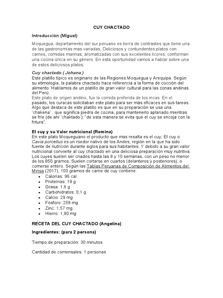 Receta de Cuy Chactado Peruano | PDF | Conejillo de indias | Perú