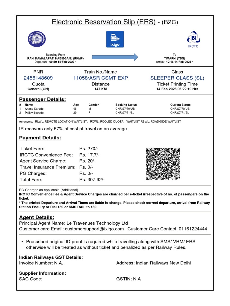 Electronic Reservation Slip (ERS) : 2456148609 11058/ASR CSMT EXP ...