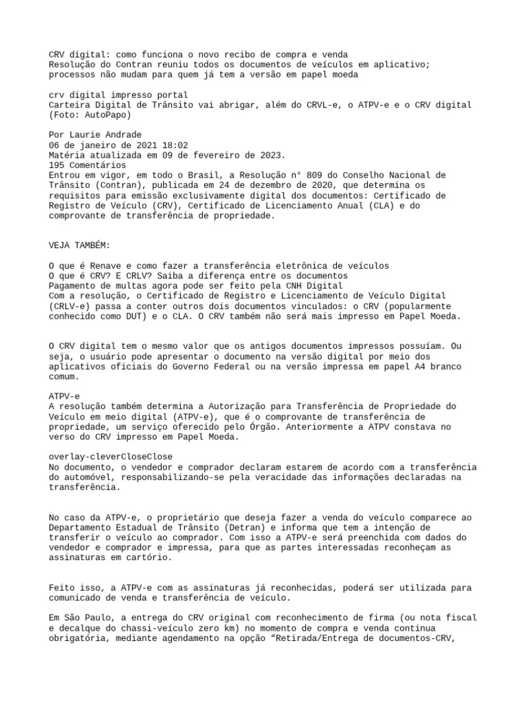 Crv Digital Como Funciona O Novo Recibo De Compra E Venda Pdf