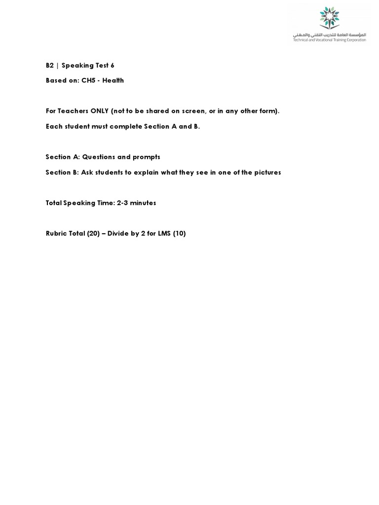 B2 Speaking Test 6 (Teacher Copy) | PDF | Clinical Medicine | Psychology