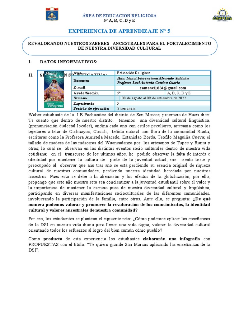 5to. Año - Experiencia de Aprendizaje 5 | PDF | Dios | Aprendizaje