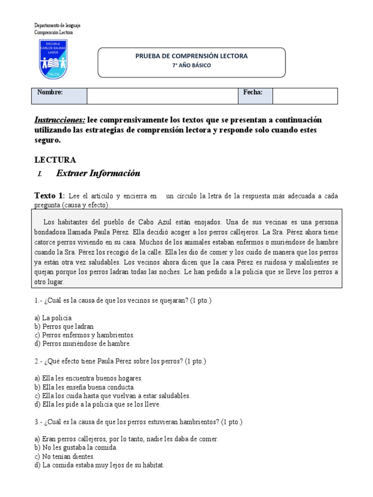 Prueba de Comprensión Lectora 7° Básico | PDF | Color