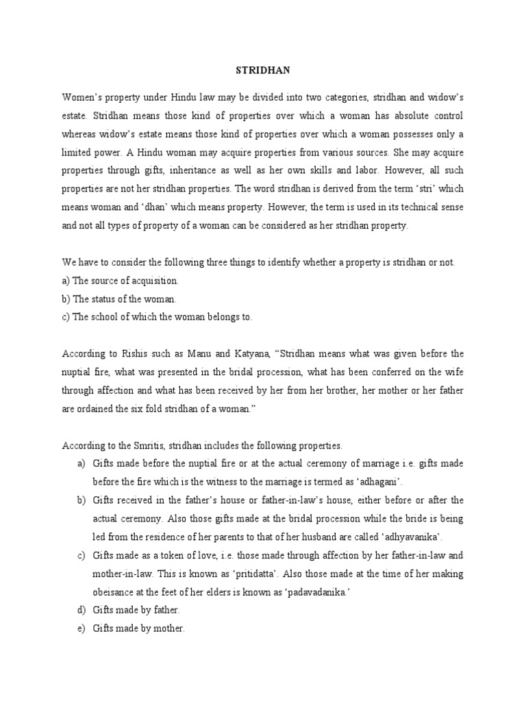 Lecture Note 15 Stridhan | PDF | Property | Marriage