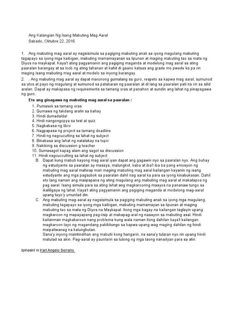 Ang Katangian NG Isang Mabuting Mag Aaral | PDF Ang Katangian NG Isang Mabuting Mag Aaral | PDF