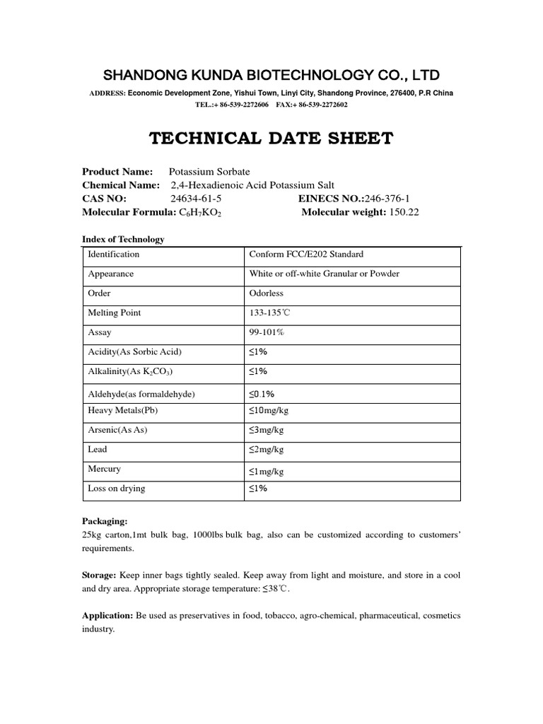 Technical Date Sheet: Shandong Kunda Biotechnology Co., LTD | PDF