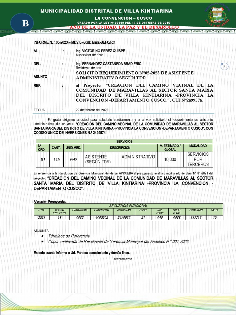 Informe #05 Requerimiento Asistente Administrativo | PDF