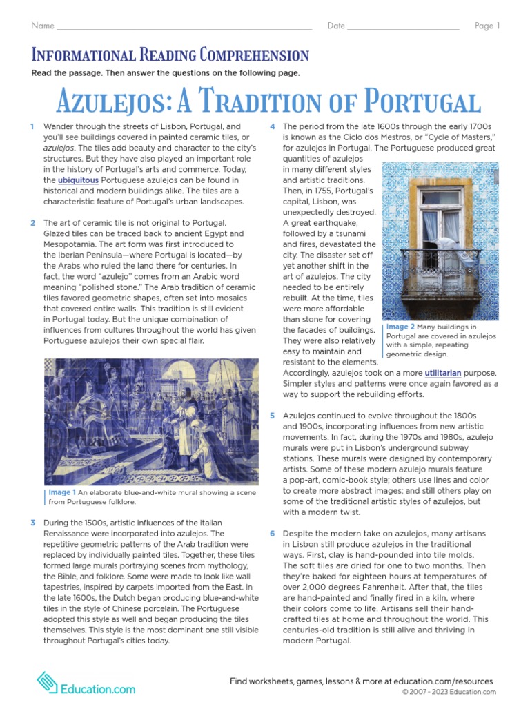 Informational Reading Comprehension Azulejos A Tradition of Portugal ...