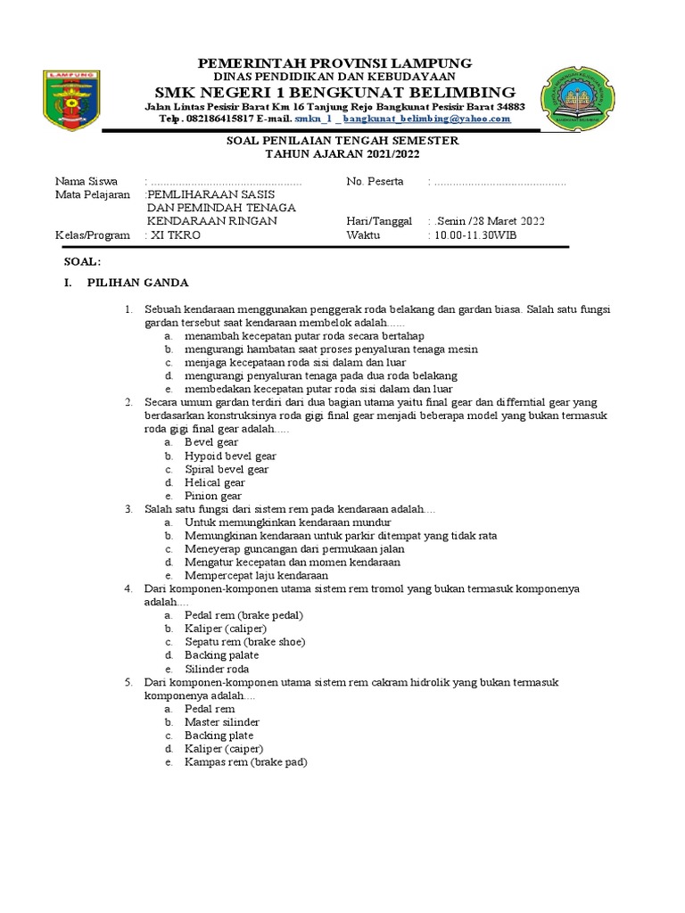 SOAL PTS Kelas XI TKRO (PEMELIHARAAN CHASIS DAN PEMINDAH TENAGA KENDARAAN RINGAN) | PDF