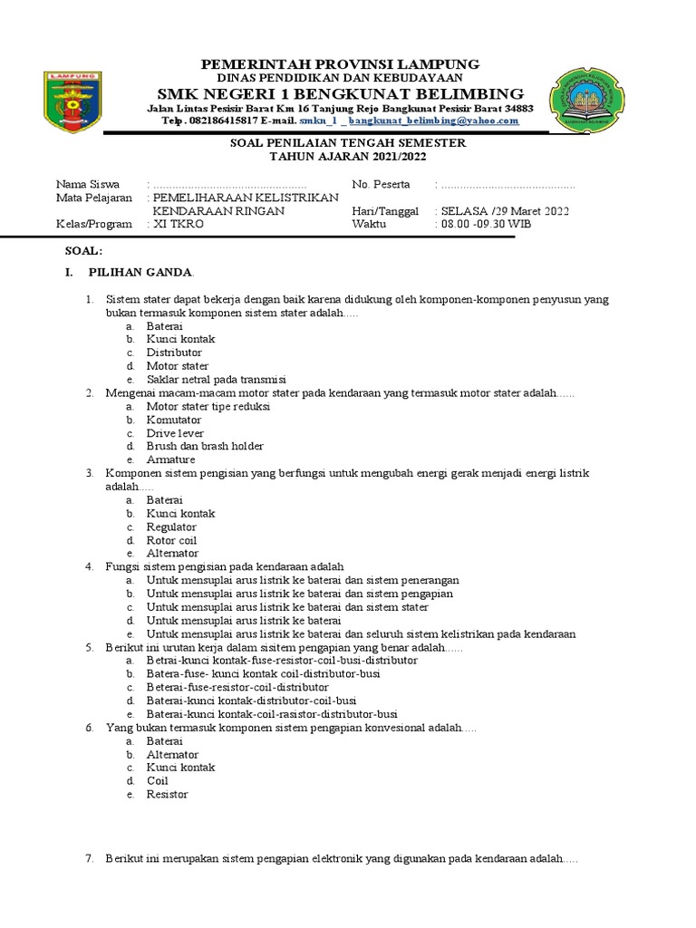 SOAL PTS Kelas XI TKRO (PEMELIHARAAN KELISTRIKAN KENDARAAN RINGAN) | PDF SOAL PTS Kelas XI TKRO (PEMELIHARAAN KELISTRIKAN KENDARAAN RINGAN) | PDF