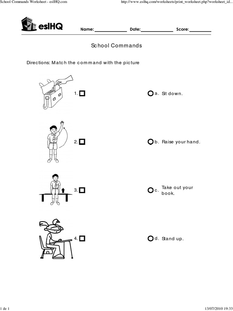 Essential School Commands: A Visual Matching Worksheet to Practice ...