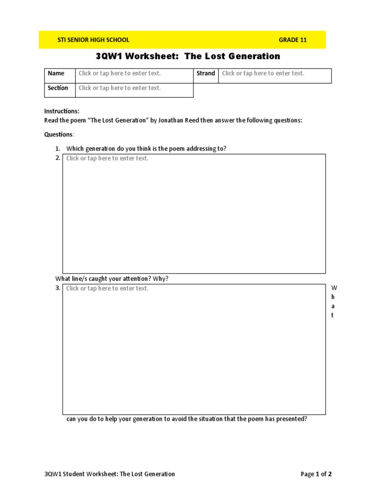 G113QW1 Worksheet - The Lost Generation | PDF