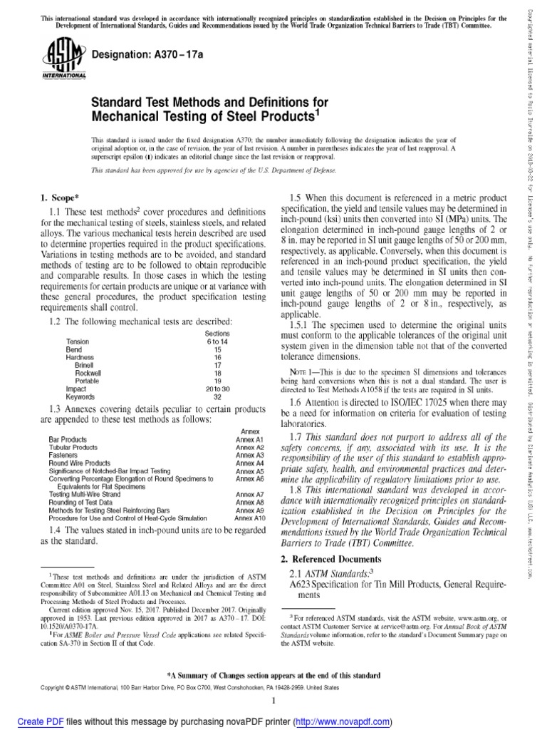 ASTM A 370-17A Test Methods and Definitions For Mechanical Testing of ...