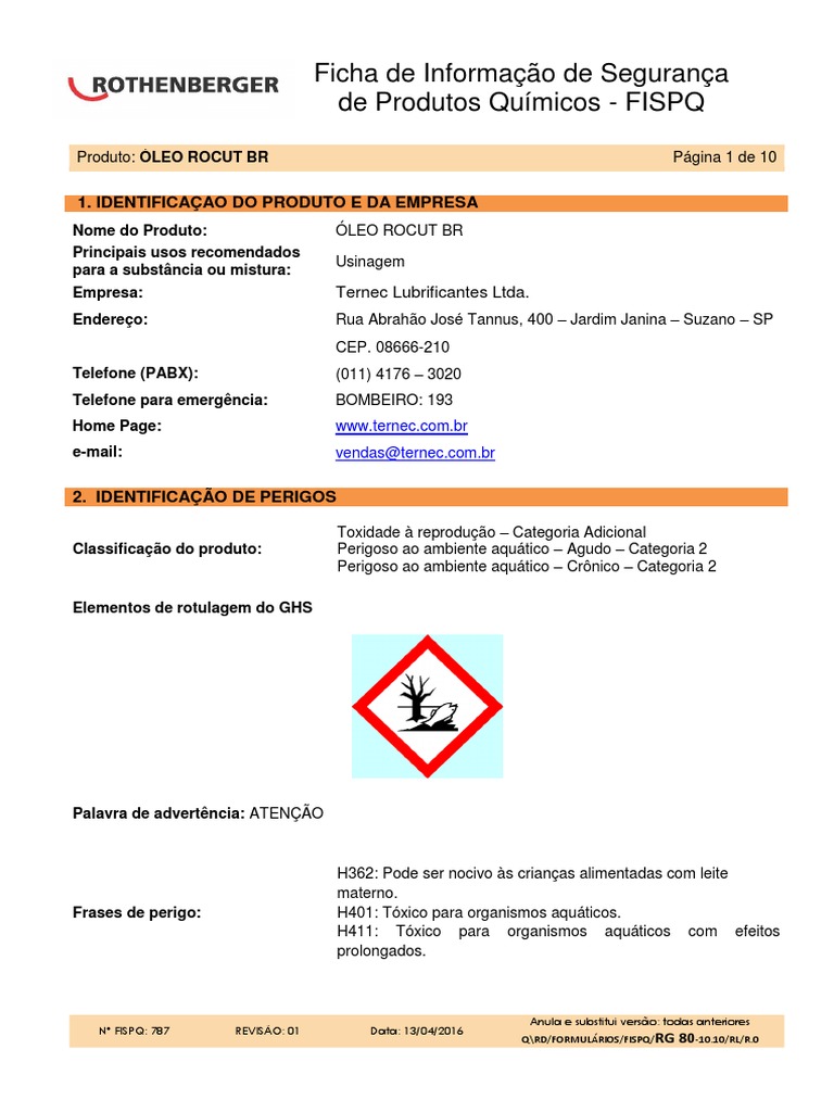 Ficha de Segurança de Produto Químico: Óleo Lubrificante Rocut BR | PDF ...