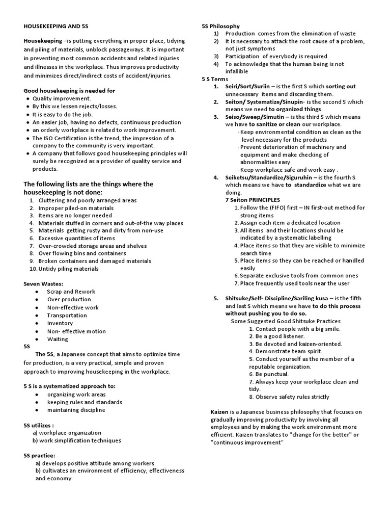 Housekeeping And 5s Pdf Housekeeping Business