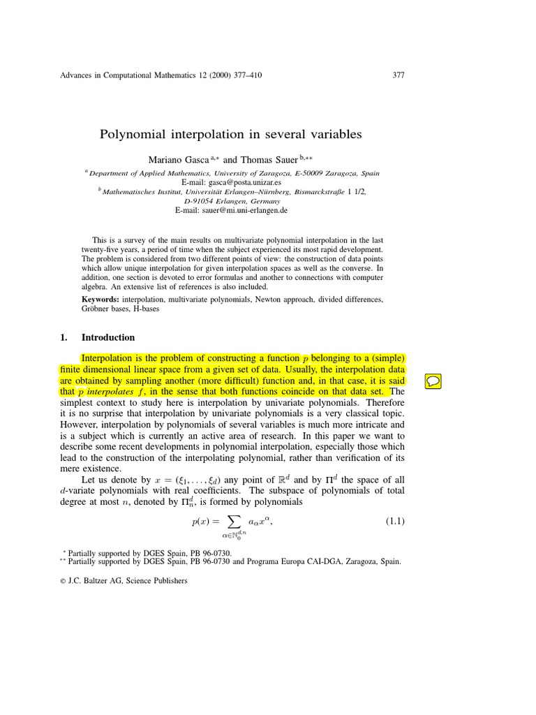 3.0 2000 Polynomial Interpolation in Several Variables SURVEY 25 YEARS ... 3.0 2000 Polynomial Interpolation in Several Variables SURVEY 25 YEARS ...