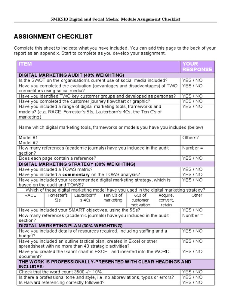 5MK510 Digital and Social Media - ASSIGNMENT CHECKLIST | PDF ...