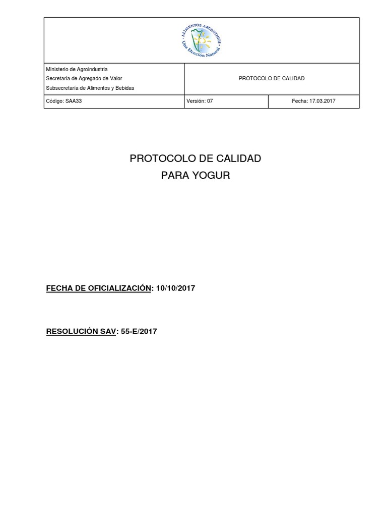 SAA033 Protocolo de Calidad para Yogur | PDF | Análisis de Riesgo y Puntos Críticos de Control ...