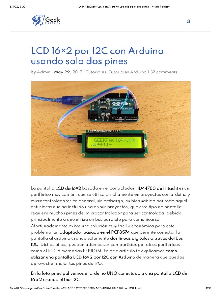 LCD 16x2 por I2C con Arduino usando solo dos pines - Geek Factory.pdf ...