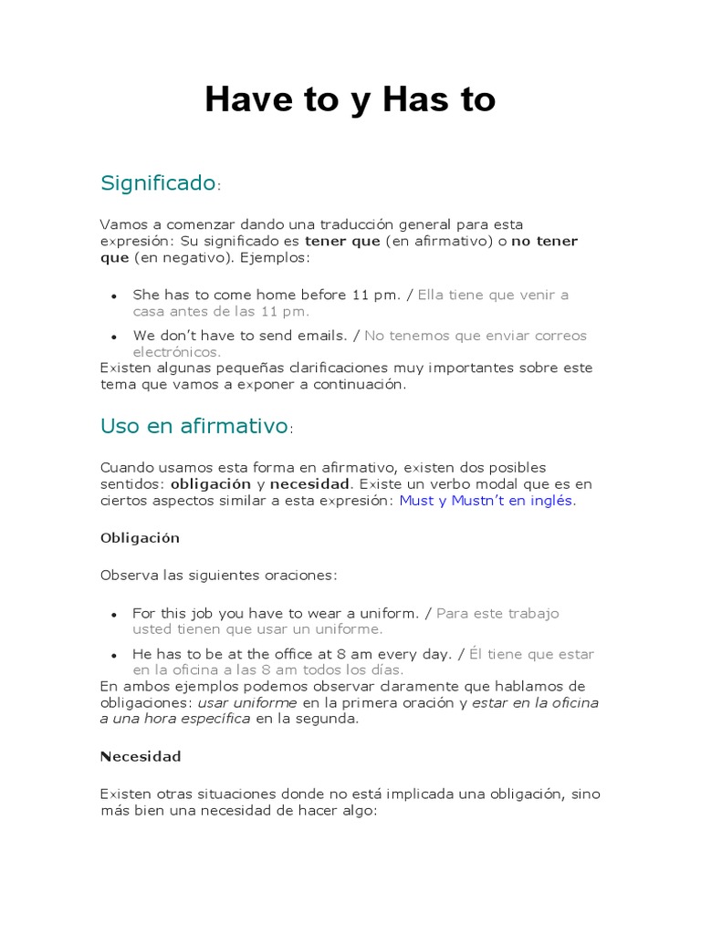Ejemplos de "Have to" y "Has to" | PDF | Verbo | Oración (Lingüística)