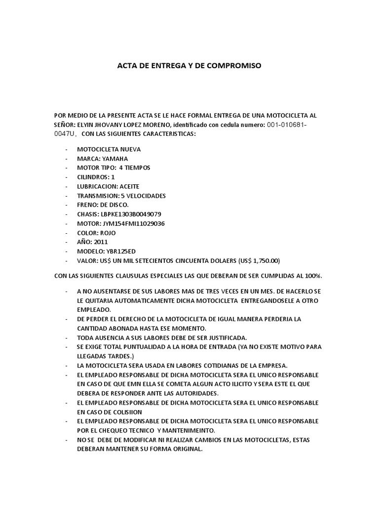 Acta de Entrega y de Compromiso | PDF | Motocicleta | Vehículos