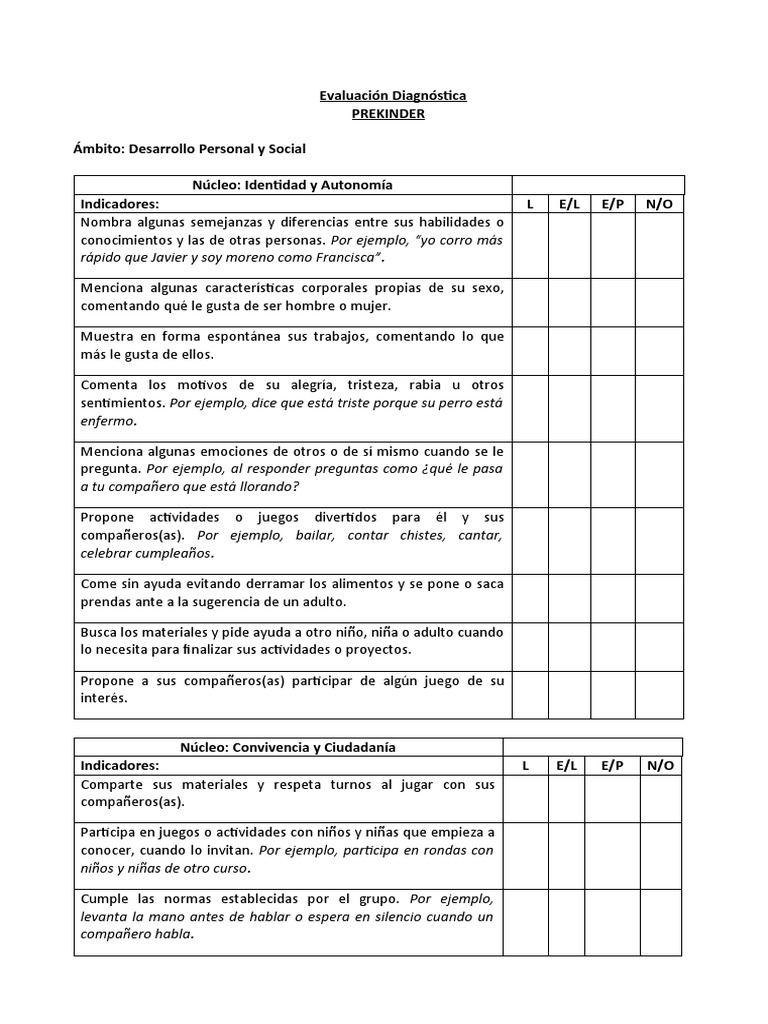 Evaluacion Diagnostica Prekinder | PDF | Entorno natural