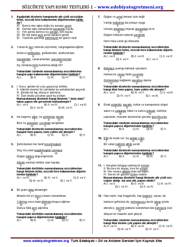 Sözcükte Yapi 1 70 Soru | PDF