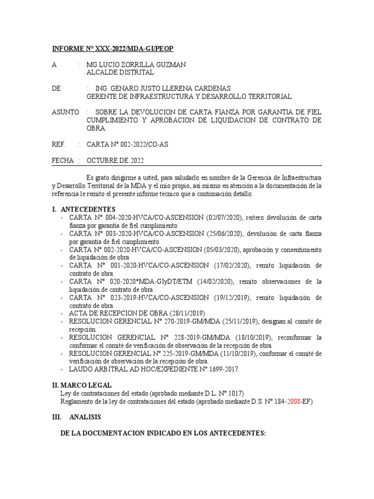 Informe de Devolucion de Carta Fianza de Vias Urbanas Ascenscion | PDF | Liquidación | Regulación