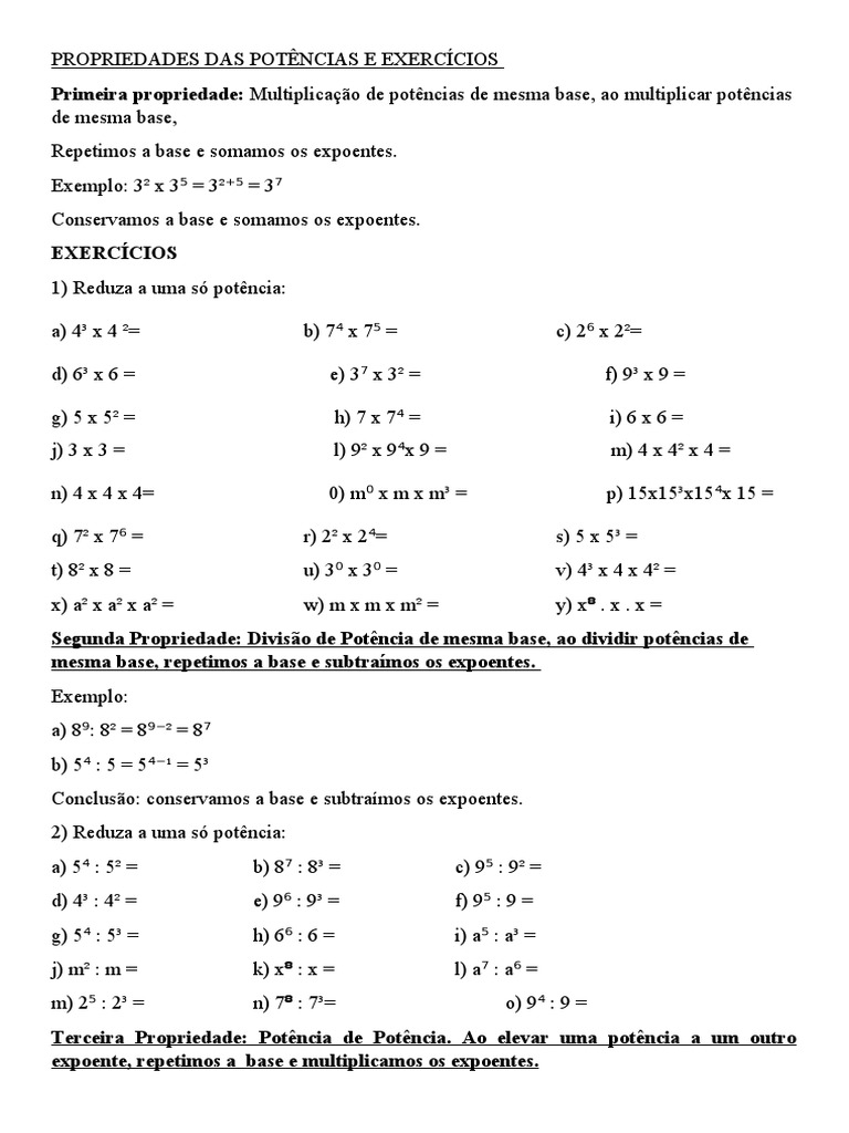 Propriedades Das Potências e Exercícios | PDF | Exponenciação | Matemática
