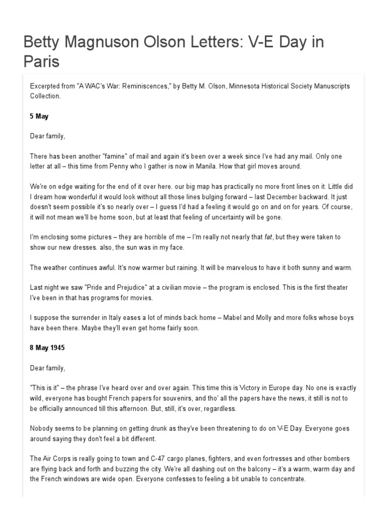 Betty Magnuson Olson Letters V-E Day in Paris - Excerpt | PDF | History ...