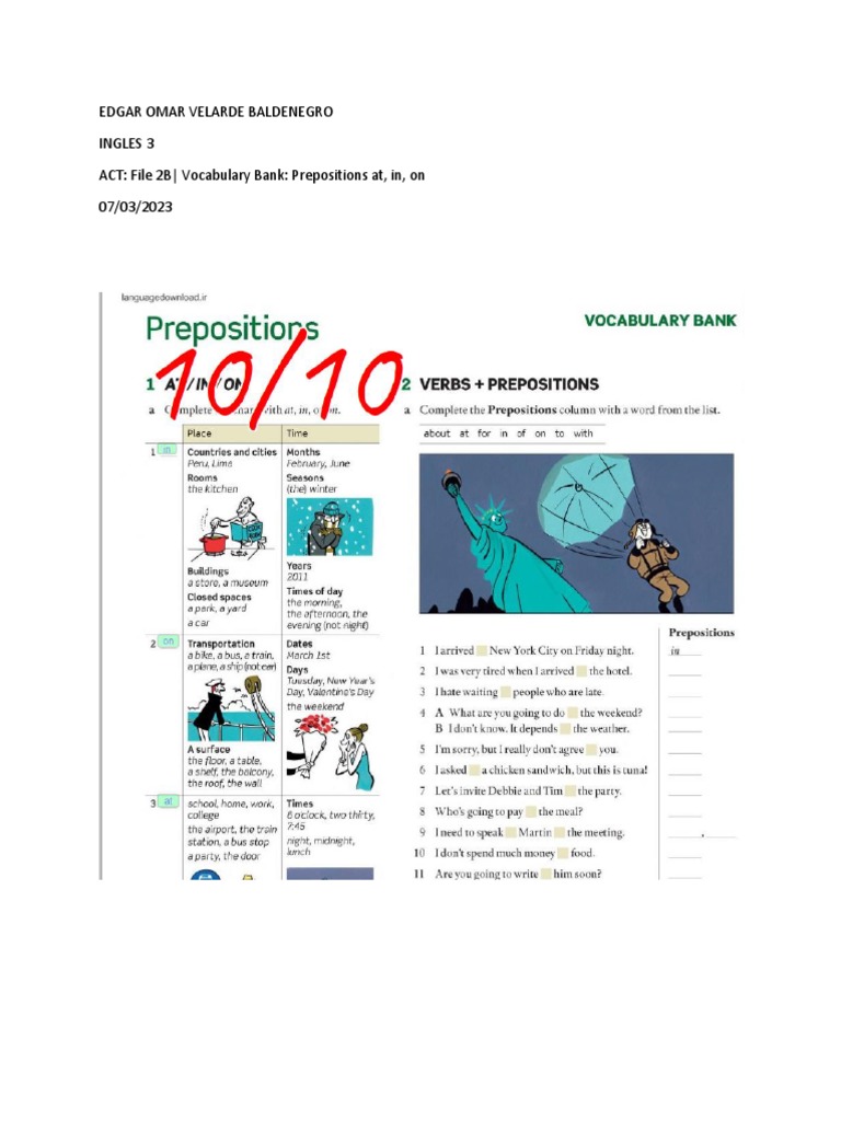 File 2B Vocabulary Bank Prepositions At, In, On | PDF