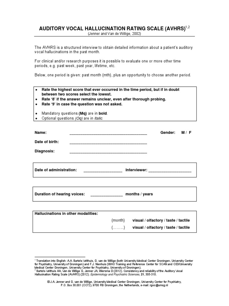 AH Rating Scale - AVHRS | PDF | Hallucination | Psychological Concepts