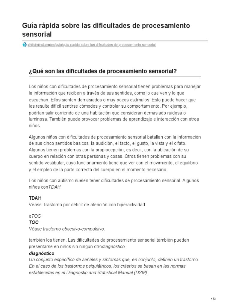 Guía Rápida Sobre Las Dificultades de Procesamiento Sensorial PDF | PDF | Desorden hiperactivo y ...