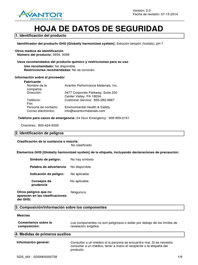 Hoja de Datos de Seguridad - Solución Tampón (Fosfato), pH7 - J T Baker | PDF | Contaminación | Agua