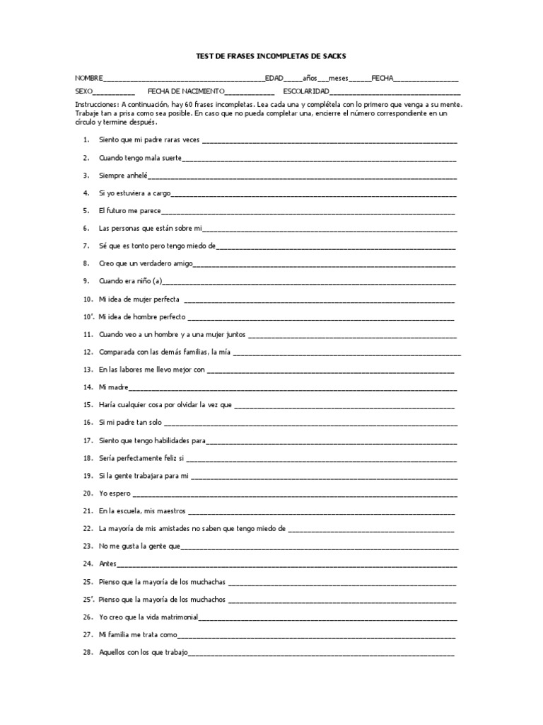 Frases Incompletas de Sacks Adultos (Imprimir) | PDF