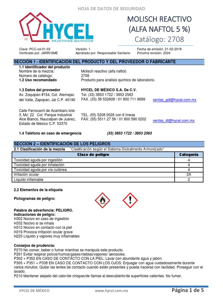 Hoja de Seguridad: Reactivo Molisch | PDF | Ácido | Agua