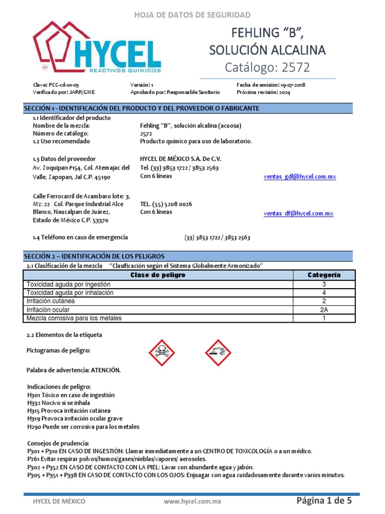 Hoja de Datos de Seguridad-Fehling B Solución Alcalina-2572-Hycel | PDF ... Hoja de Datos de Seguridad-Fehling B Solución Alcalina-2572-Hycel | PDF ...