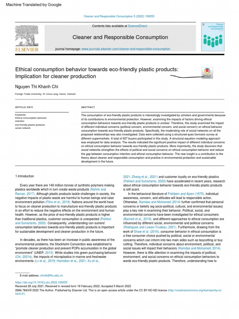 Ethical Consumption Behavior Towards Eco Friendly Plastic Products