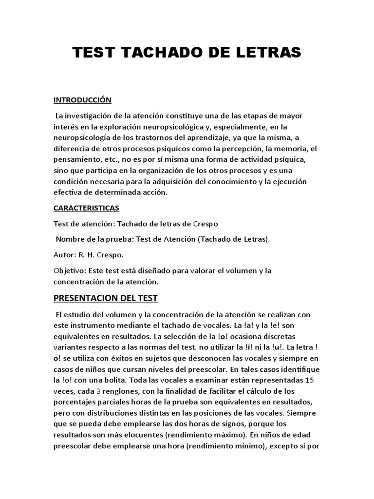 TEST TACHADO DE LETRAS Final | PDF | Atención | Educación de la primera ...