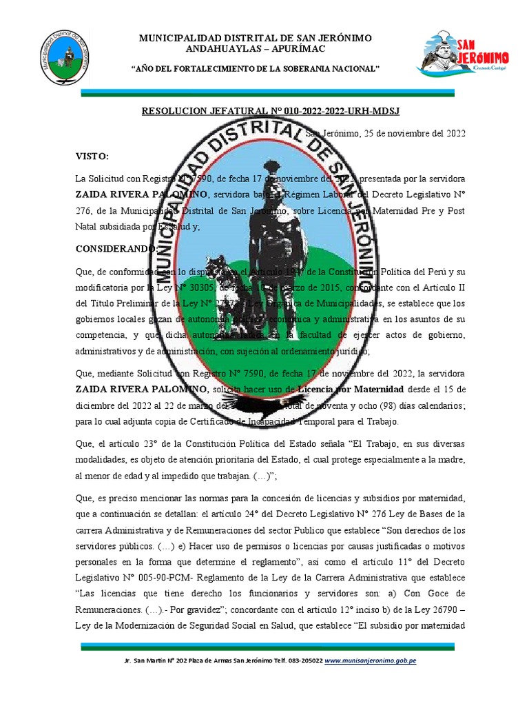 Resolucion #010-2022 Licencia Por Maternidad Zaida Rivera Palomino ...