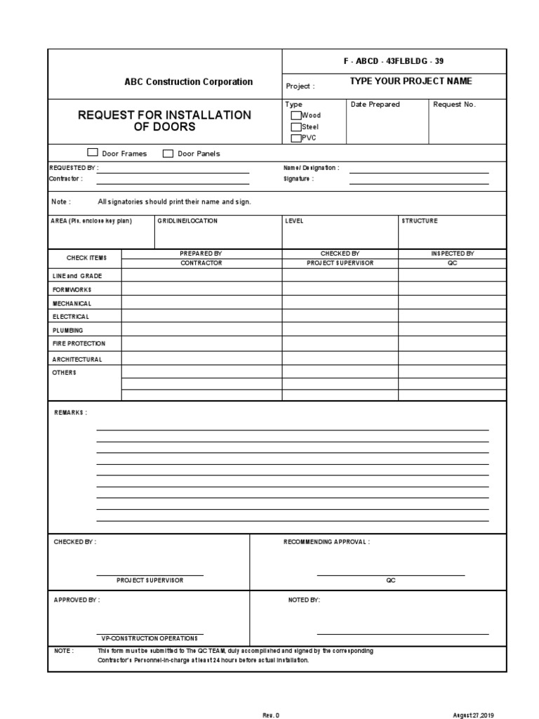 Installation Request for Doors Form | PDF